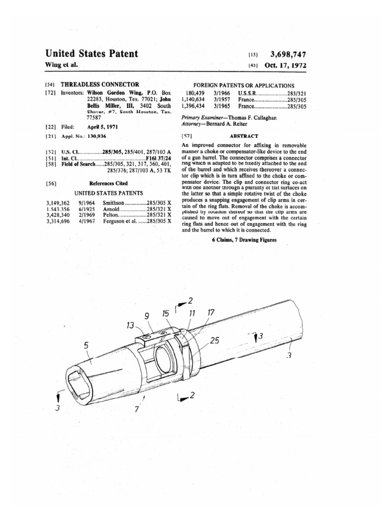Silencer Threadless Connector - US Patent 3698747 | PDF