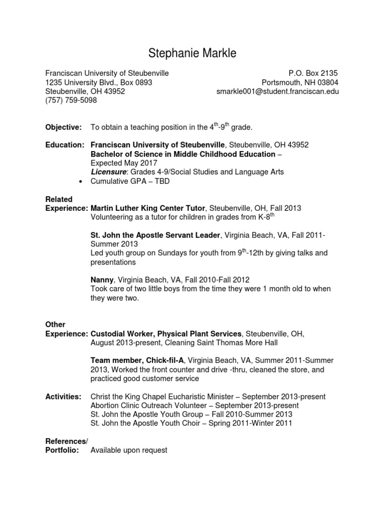 Middle Childhood Education Resume | PDF