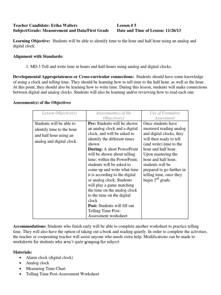 Lesson Plan 5 | PDF | Clock | Educational Assessment