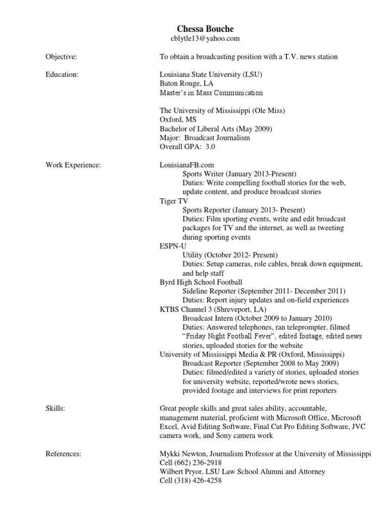 Broadcast Journalism Resume | PDF