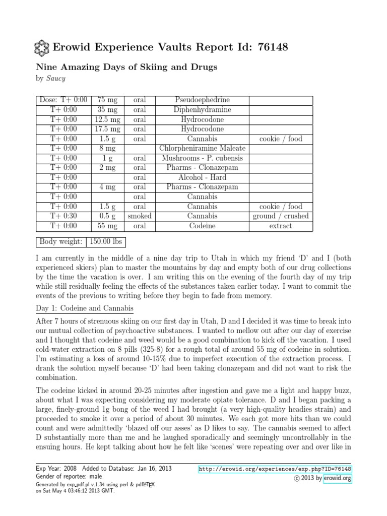 Erowid Experience Vaults Report Id: 76148: Nine Amazing Days of Skiing ...
