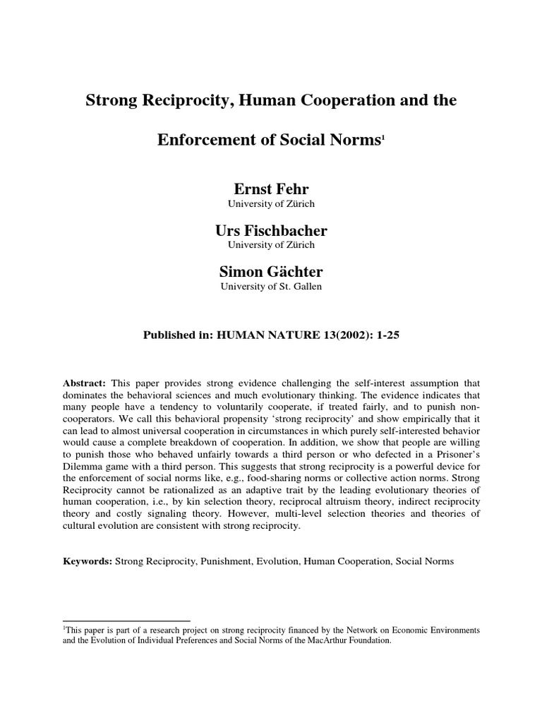 Strong Reciprocity Human Cooperation and Enforcement of Social Norms ...