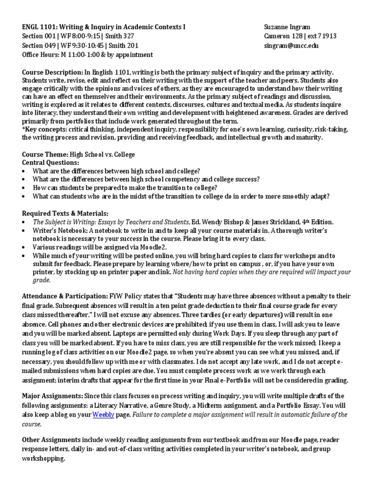 Engl 1101 Syllabus | PDF | Academic Integrity | Disability