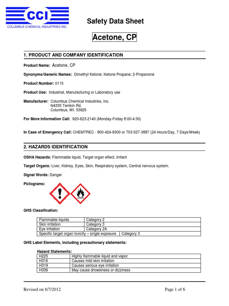 Acetone CP | PDF | Personal Protective Equipment | Water