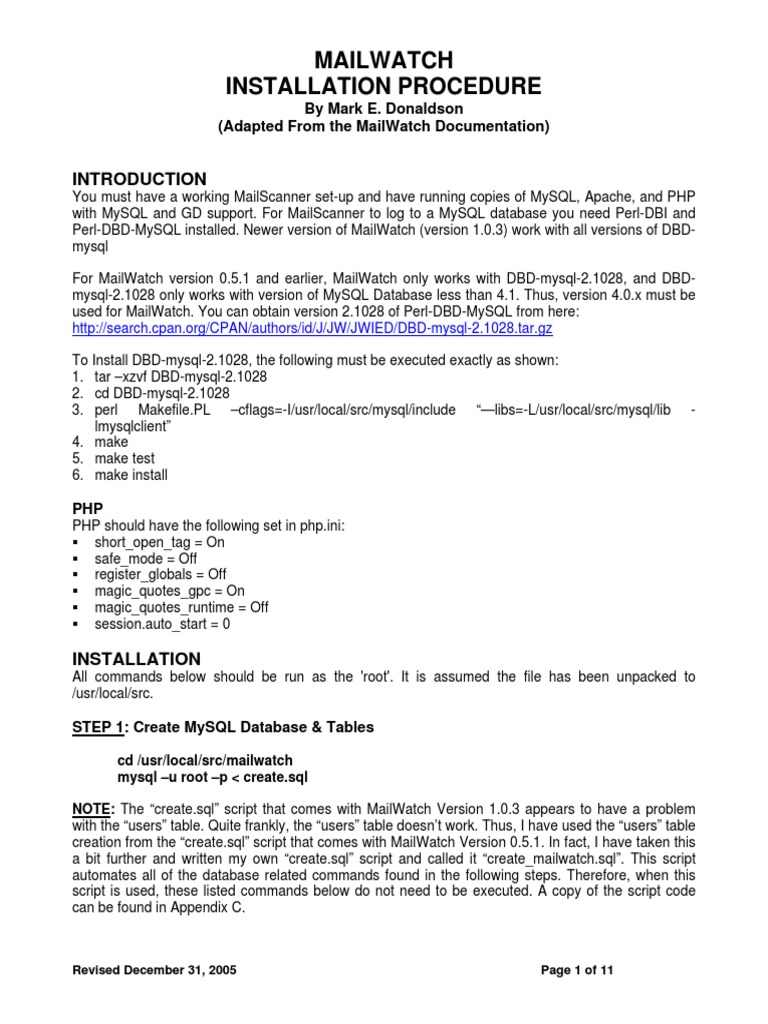 MailWatch Installation Guide | PDF | My Sql | World Wide Web