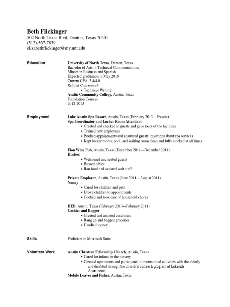 UNT Student Resume: Beth Flickinger | PDF | Wellness