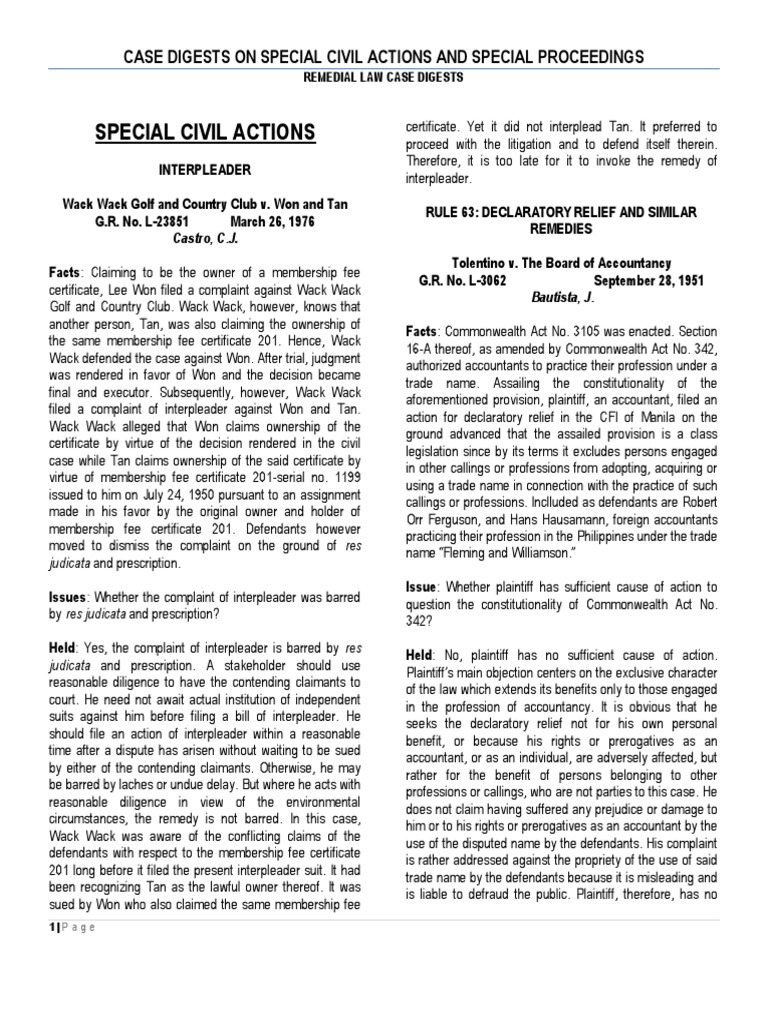 Case Digests On Special Civil Actions | PDF | Lawsuit | Declaratory ...