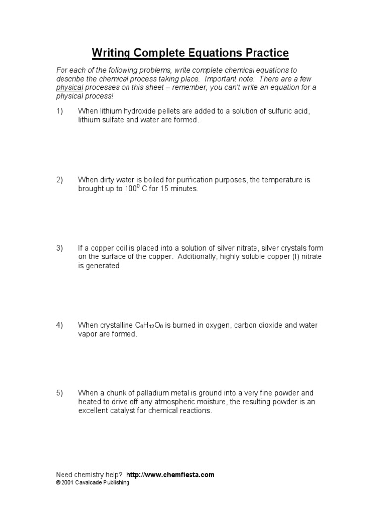 Complete Chemical Equations Practice | PDF