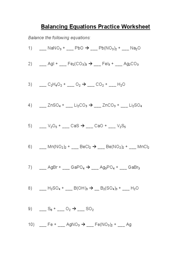 Balancing Equations Practice Worksheet Gcse