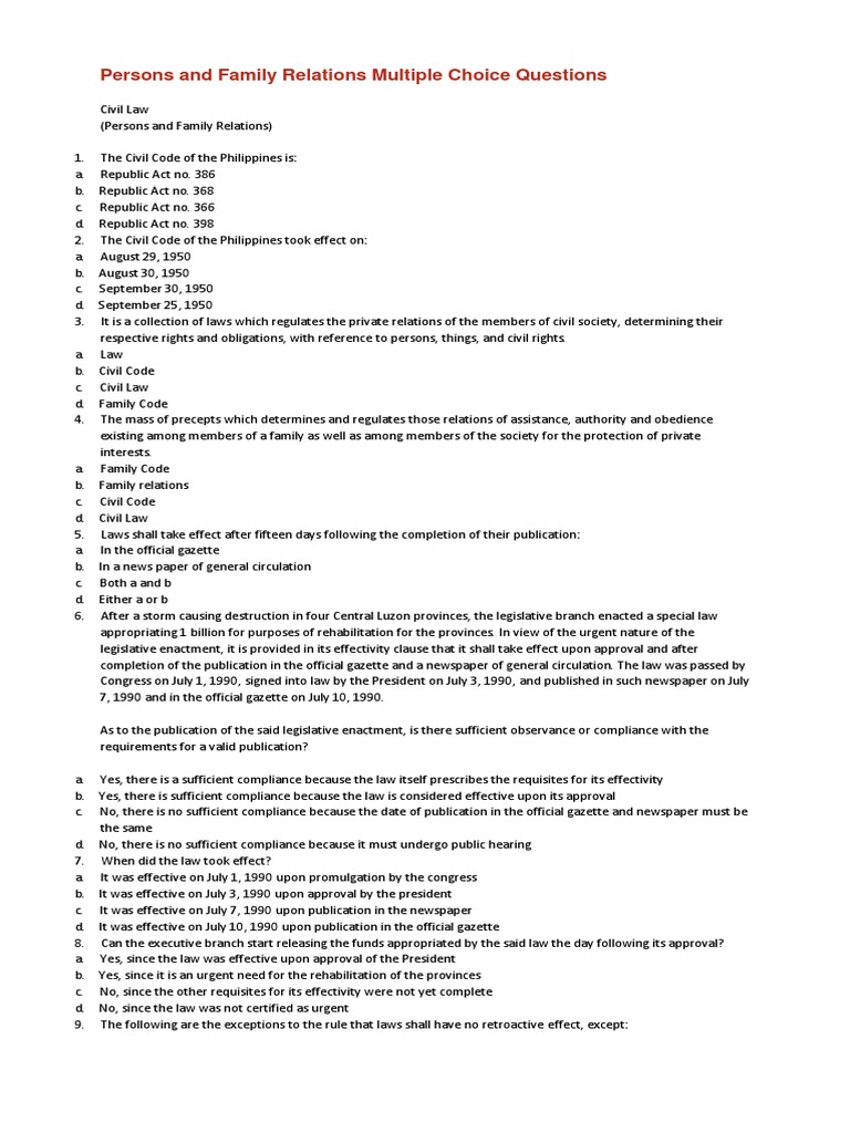 Family Relations MCQs for Law Students | PDF | Marriage | Annulment