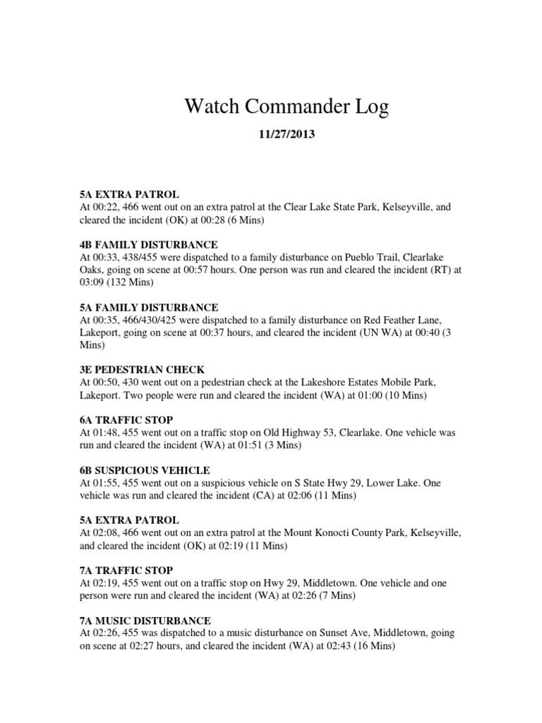 Lake County Sheriff's Watch Commander Logs | PDF | Traffic Stop | Traffic