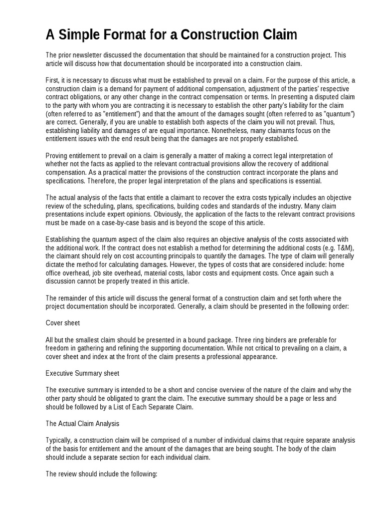 A Simple Format For A Construction Claim | PDF | Damages | Private Law