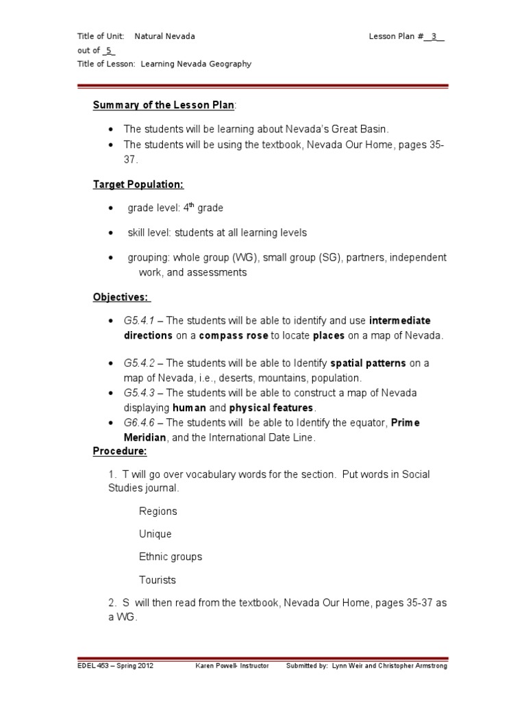 Nevada Geography Lesson Plan for 4th Grade | PDF | Education Theory ...