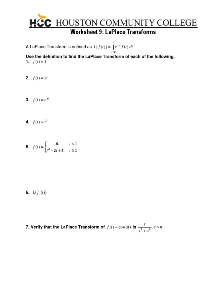 LaPlace Transform Worksheet | PDF