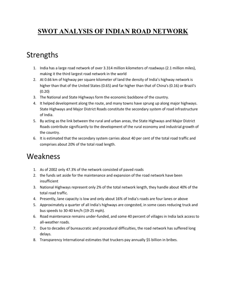 Swot Analysis of Indian Road Network | PDF | Highway | Road