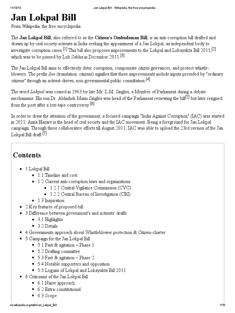 Jan Lokpal Bill - Wikipedia, The Free Encyclopedia | PDF | Government ...