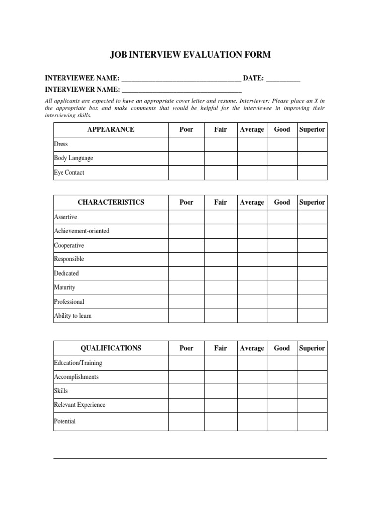 Job interview evaluation form template | PDF | Job Interview | Psychology