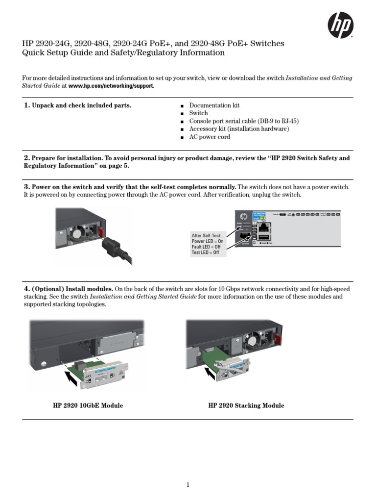 HP 2920 Quick Setup Guide | PDF | Power Supply | Port (Computer Networking)