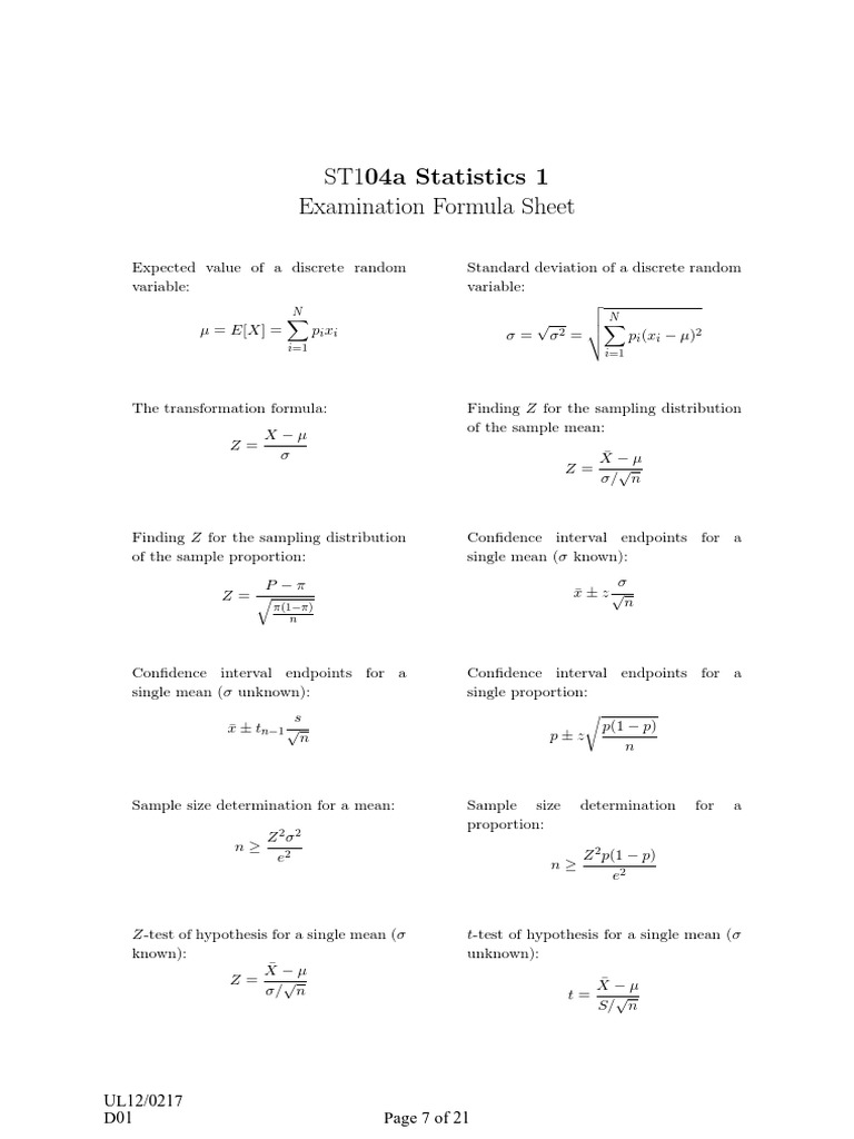 Cambridge Stats Table | Confidence Interval | Student's T Test | Free ...