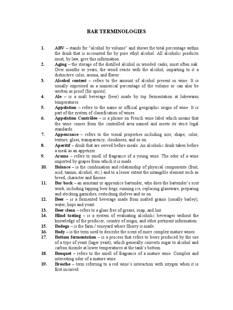 Bar Terminologies | PDF | Drink | Wine