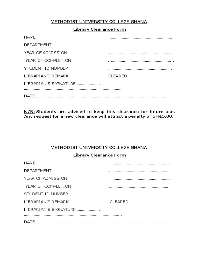 Methodist University Library Clearance Form | PDF | Career & Growth ...