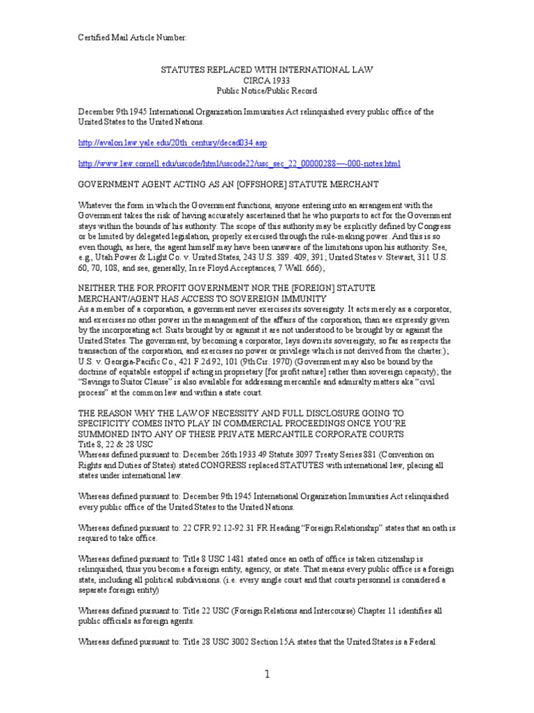 Statutes Replaced With International Law Public Notice/Public Record ...