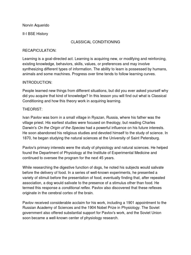 Classical conditioning and Pavlov's famous dog experiments | PDF ...