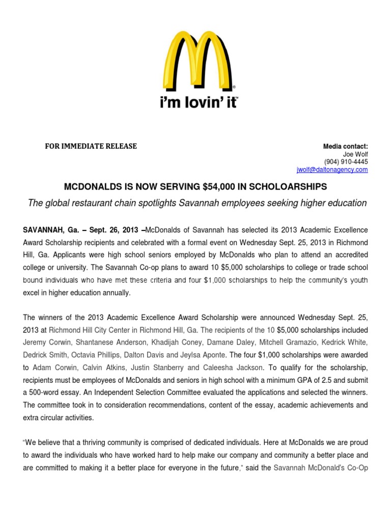 McDonalds Press Release | Mc Donald's | Restaurants