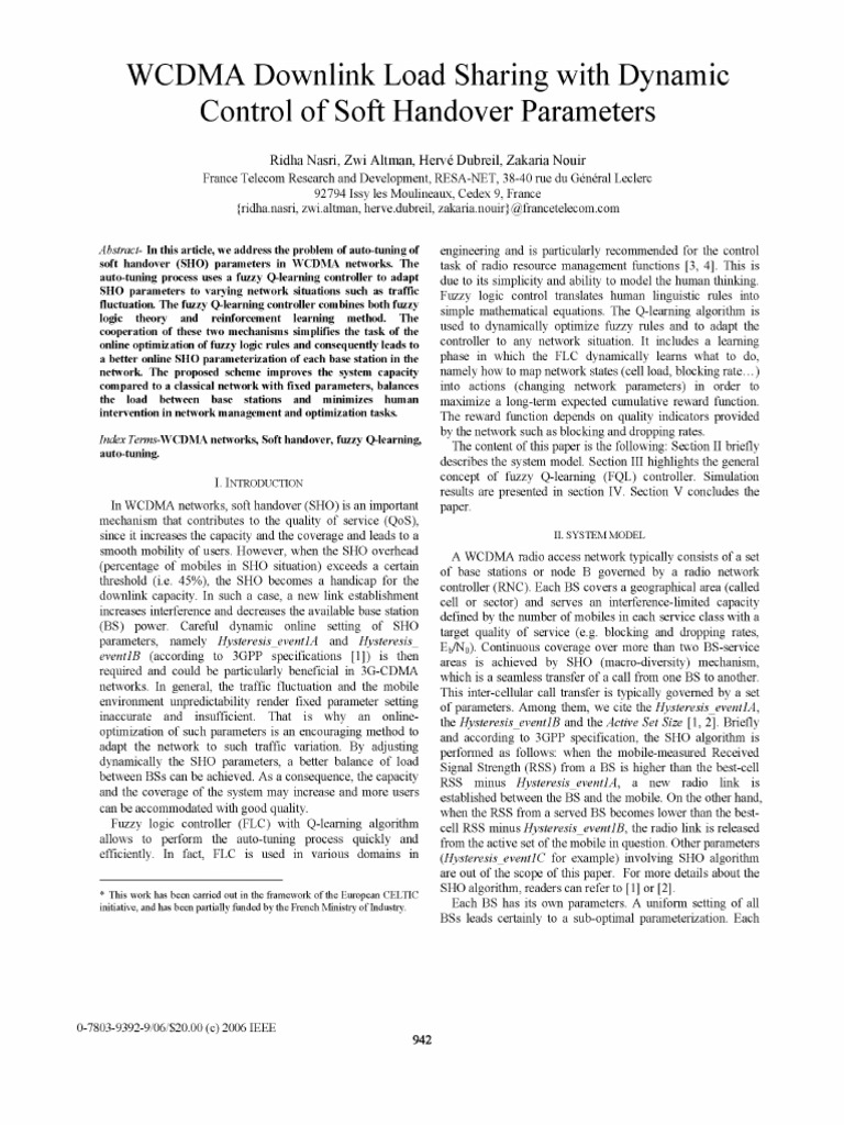 Optimizing WCDMA Network Performance Through Dynamic Control of Soft Handover Parameters Using ...