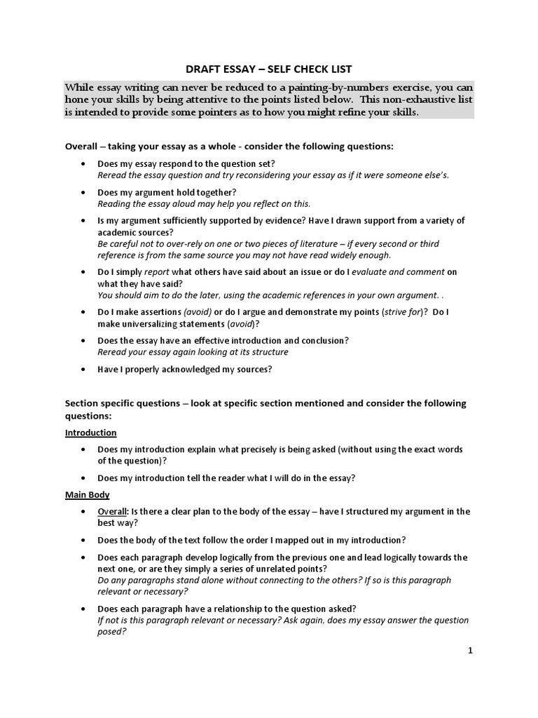 Draft Essay - Self Check List: Overall - Taking Your Essay As A Whole ...