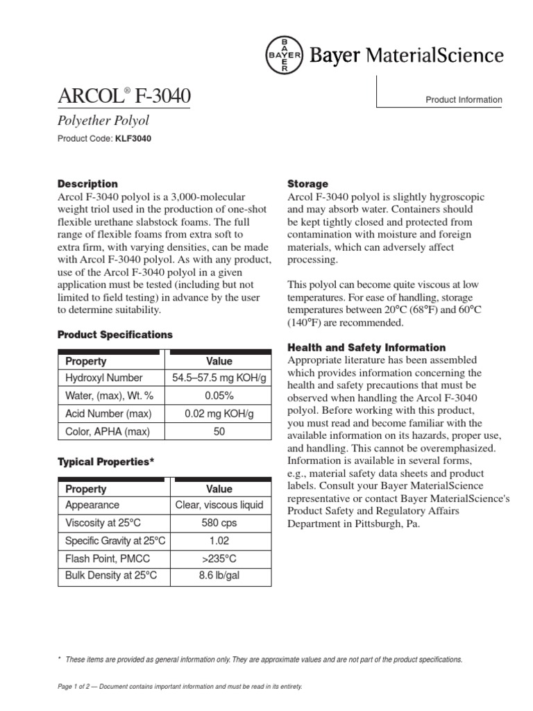 ANEXO B-Arcol F 3040 | PDF | Polyurethane | Viscosity