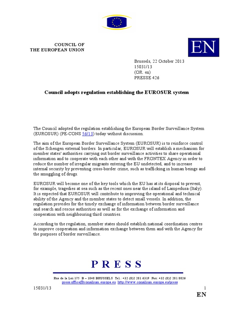 Press: Council Adopts Regulation Establishing The EUROSUR System | PDF ...