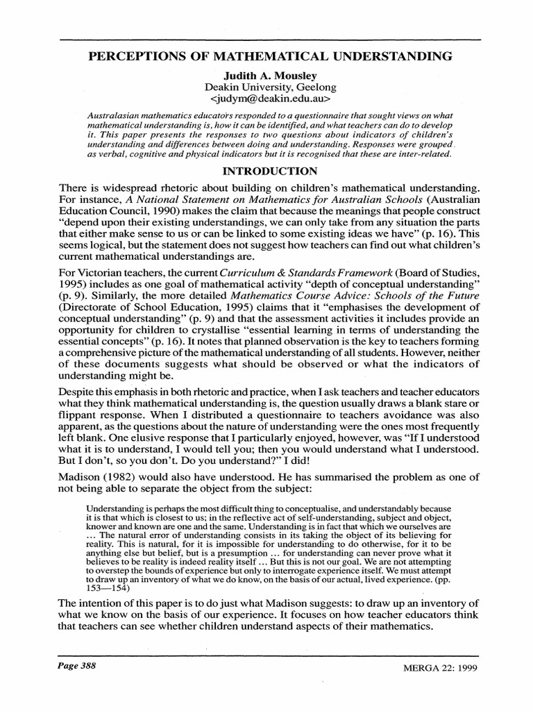 Perceptions of Mathematical Understanding: Standards Framework (Board ...
