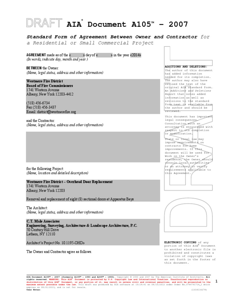 005200.1 - A105 Standard Form of Agreement - DRAFT | PDF | Indemnity | Copyright Law Of The ...