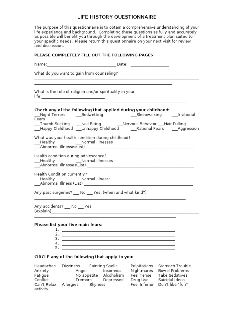 Life History Questionnaire | PDF | Mental And Behavioural Disorders ...