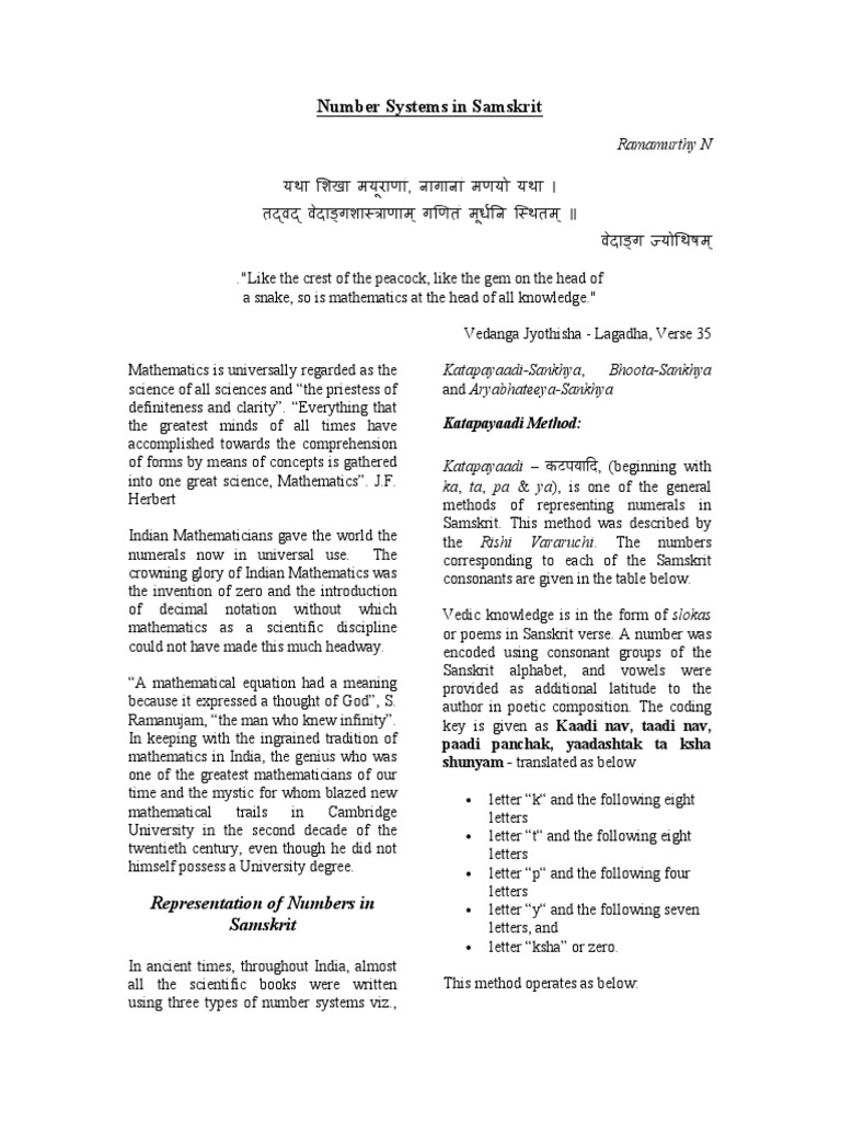 Number System in Samskrit - N Ramamurthy | PDF | Numbers | Sanskrit