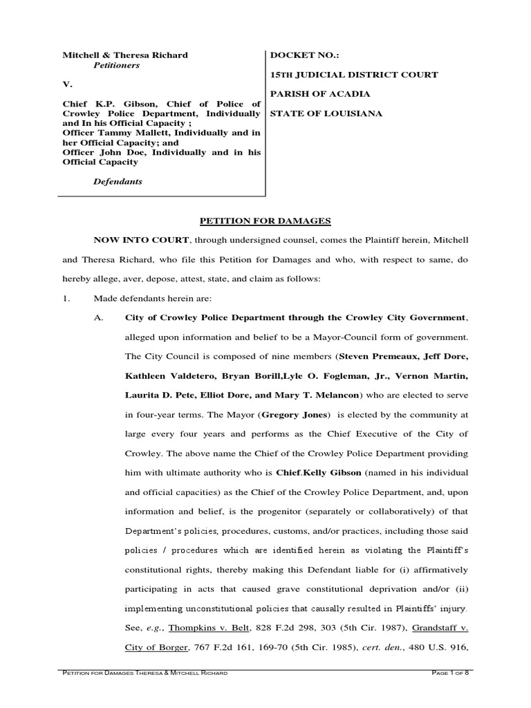 5 June 2013 Petition For Damages and Affidavit of Verity Theresa Richard | PDF | Intentional ...