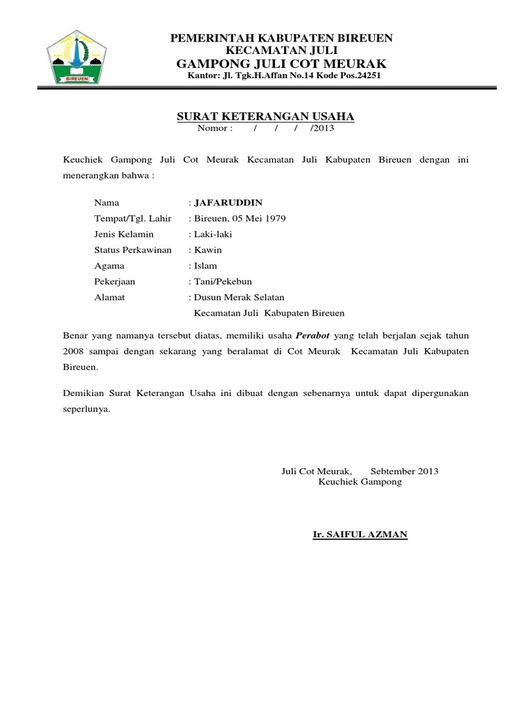 Contoh Surat Keterangan Usaha - Contoh Surat