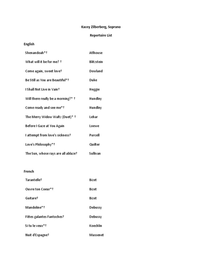 Repertoire List | PDF | Vocal Music | Vocal Musical Compositions