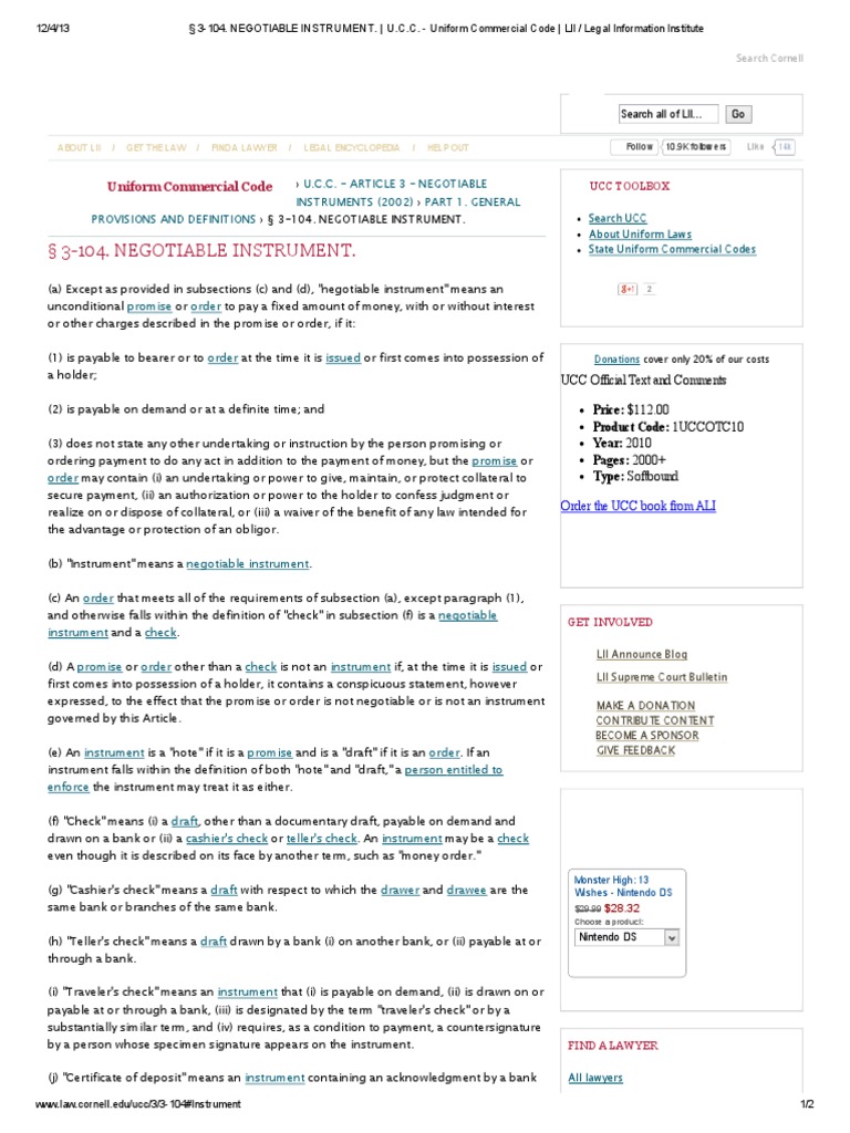 § 3-104. NEGOTIABLE INSTRUMENT. _ U.C.C | Negotiable Instrument ...