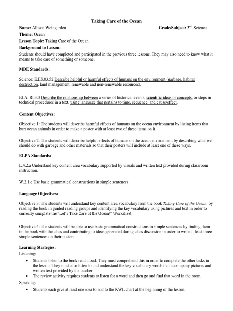 Ocean Conservation Lesson Plan for Kids | PDF | Reading (Process ...