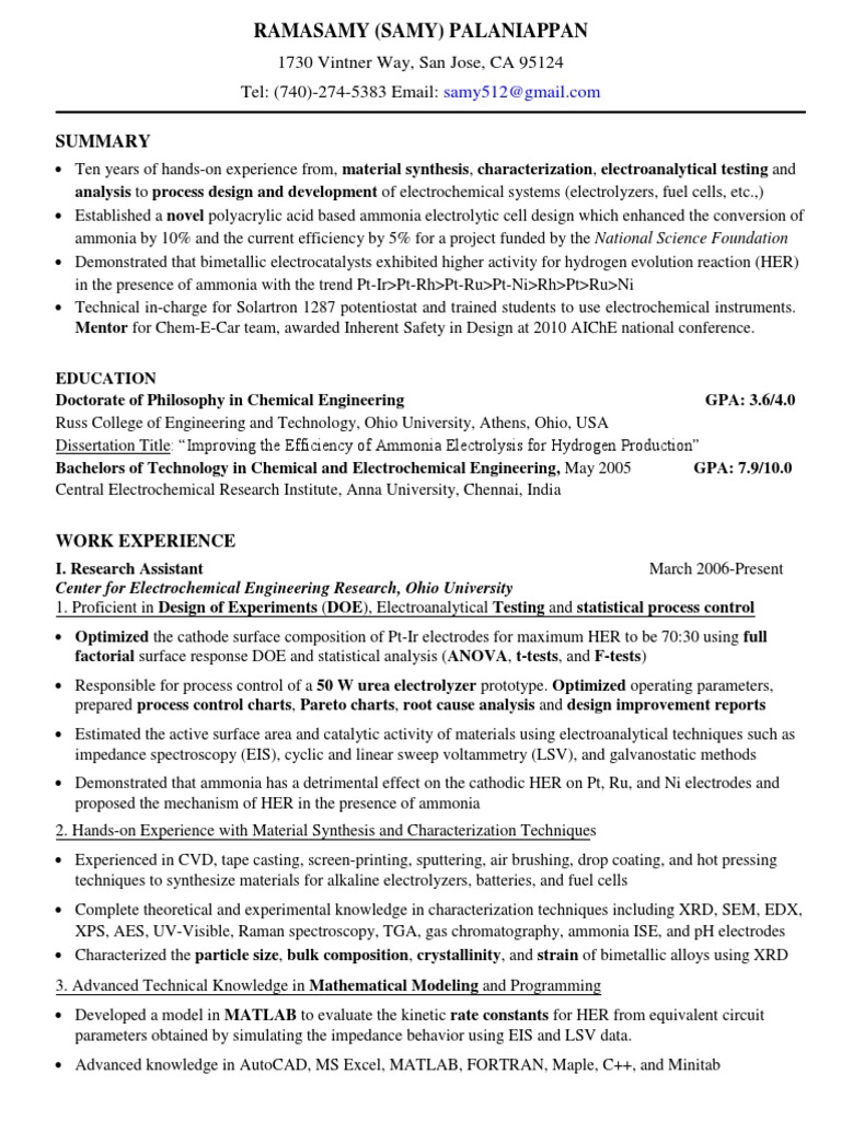 Resume ProcessEngr Semiconductors | PDF | Electrochemistry | Battery ...