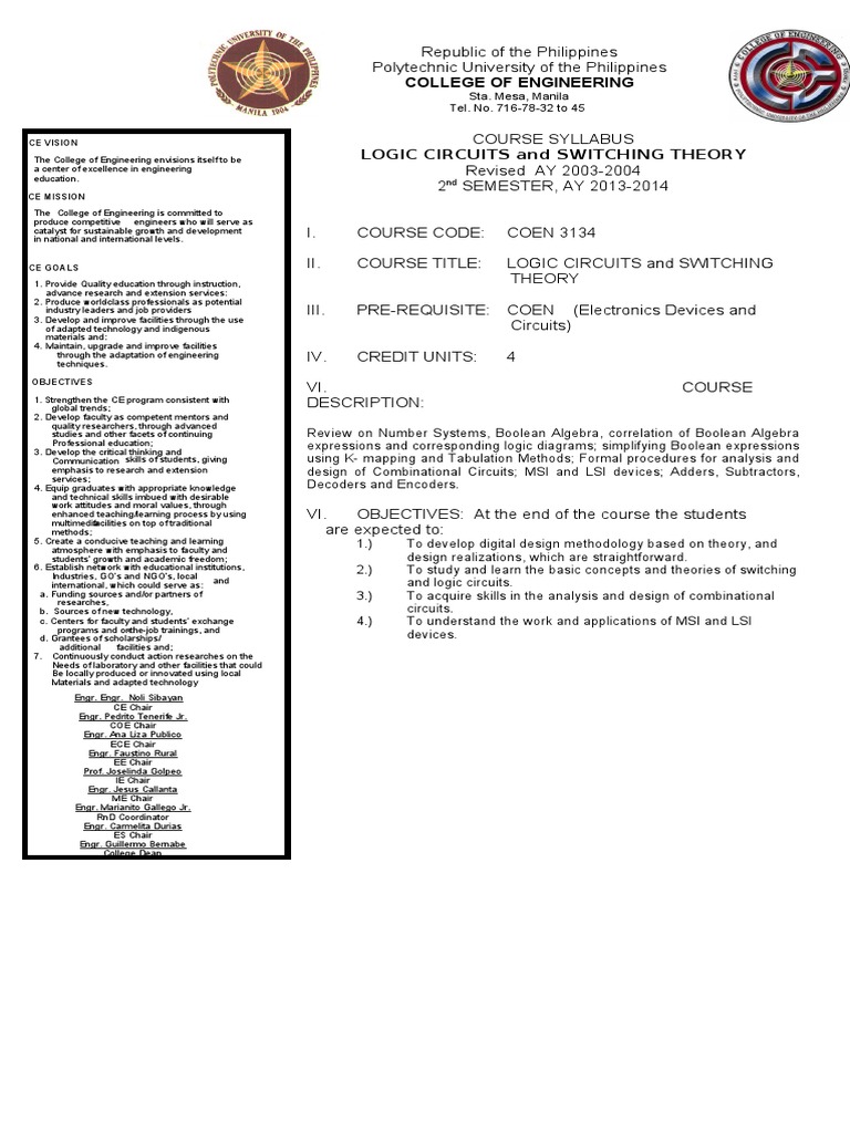 COEN 3134 - Logic Circuits and Switching Theory Syllabus - CANSINO ...