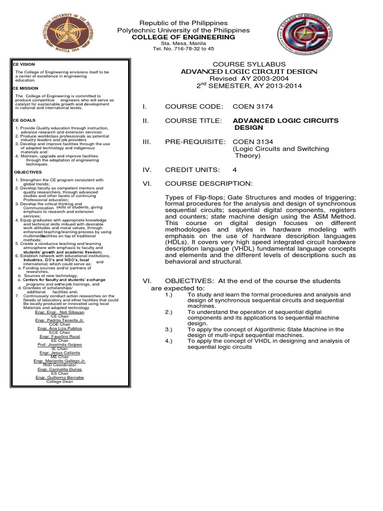 COEN 3174 - Advanced Logic Circuits Design Syllabus - CANSINO | PDF ...