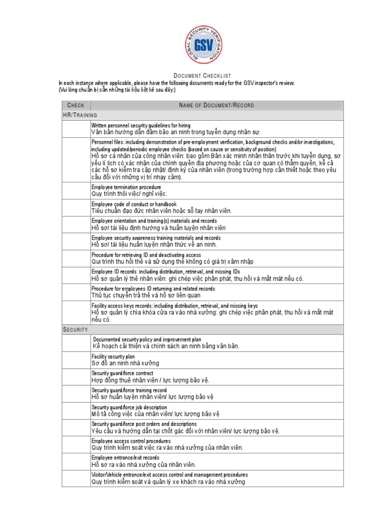 GSV Document Checklist (Eng-Viet) | PDF