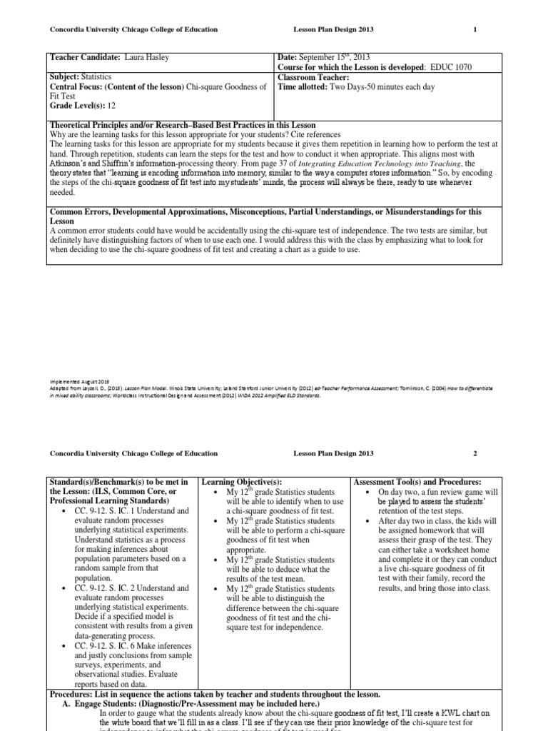 Laura Hasley Statistics-Chi-Squared Goodness of Fit Test Lesson Plan ...
