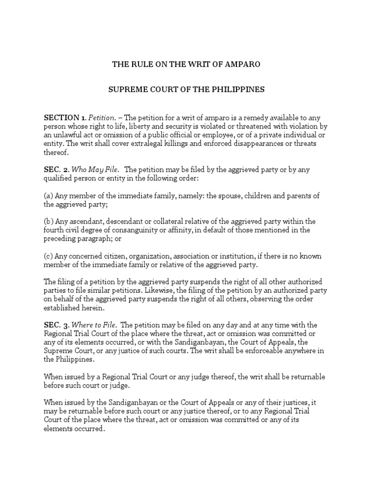 The Rule On The Writ of Amparo | PDF | Contempt Of Court | Pleading
