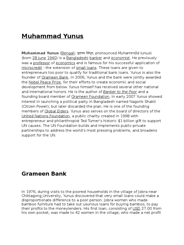 Muhammad Yunus | PDF | Microcredit | Grameen Bank