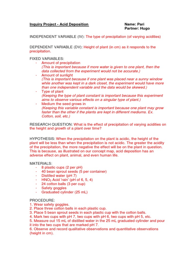Acid Deposition Experiment Outline | PDF | Experiment | Rain