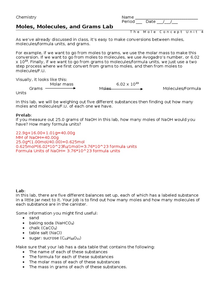 Moles and Molecules Lab Guide | PDF | Mole (Unit) | Quantity